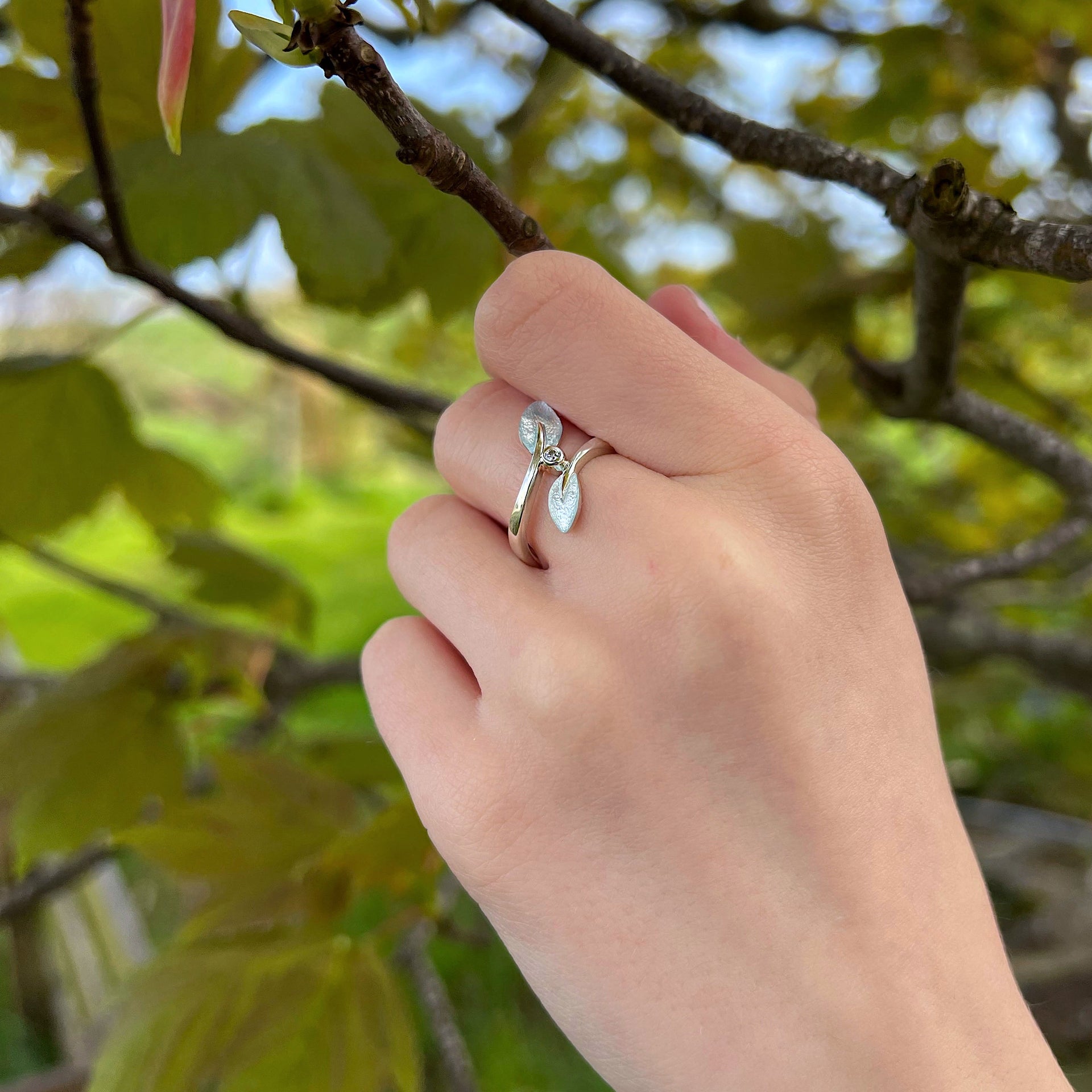 Rowan Cubic Zirconia Leaves Ring in Frost Enamel – Sheila Fleet Jewellery
