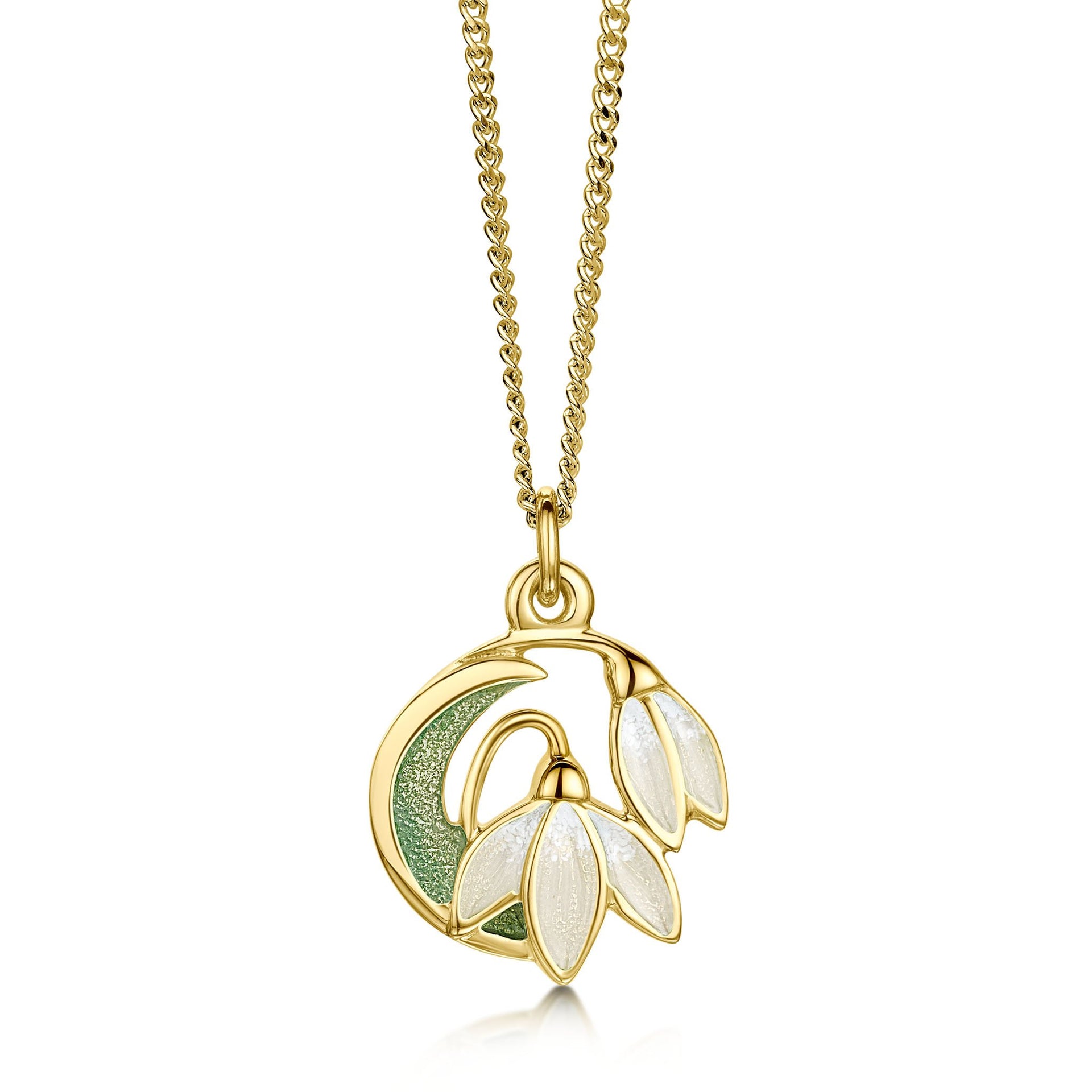 Snowdrop Small 2-flower 18ct Yellow Gold Pendant in Opal White Enamel ...